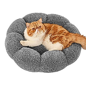 Bedsure Large Cat Cave for Pet Cat House with Fluffy Ball Hanging and Scratch Pad and Lesure Calming Flower Cat Bed for Indoor Cats Grey