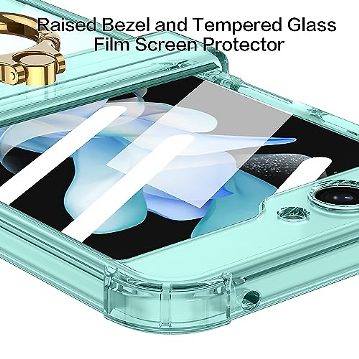 DALUZ Designed for Samsung Galaxy Z Flip 5 Case, Full-Body Bumper Case for Z Flip 5 with Built-in Tempered Glass Back Screen Protector, Slim Clear Galaxy Z Flip 5 Case with Ring Kickstand