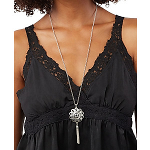 Lucky Brand Silver-Tone Floral Tassel Long Length Pendant Necklace