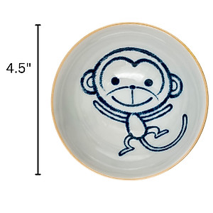 Needzo Cute Monkey Design Ceramic Japanese Rice Bowl, Small Asian Serving Dish for Soup, 4.5 Inch