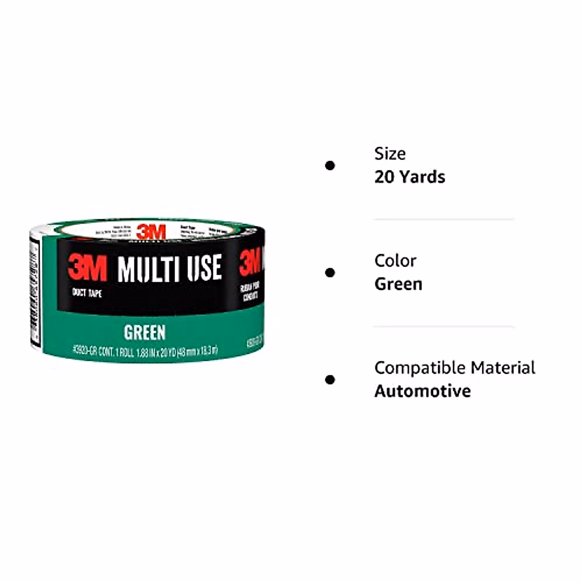 3M Multi-Use Colored Duct Tape, Green with Strong Adhesive and Water-Resistant Backing, Multi-Surface 3M Duct Tape for Indoor and Outdoor Use, 1.88 Inches x 20 Yards, 1 Roll (3920-GR)