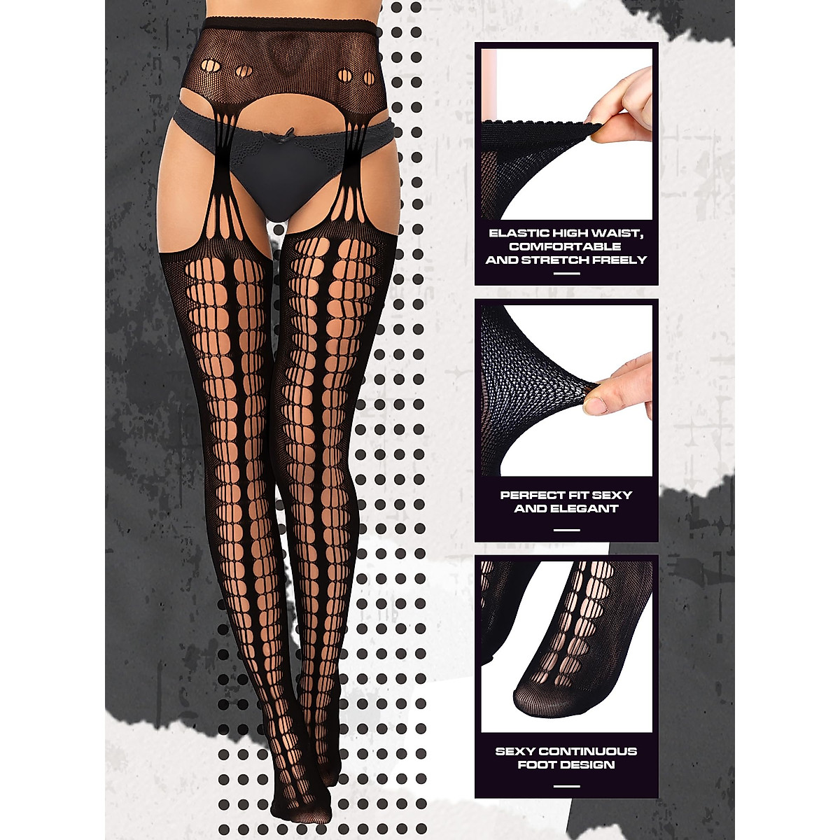 Jadive 6 Pairs Women Plus Size Fishnet Thigh High Stockings Suspender Garter Belt Lingerie Pantyhose Tights Fits XL-XXXXL(Black,Classic)