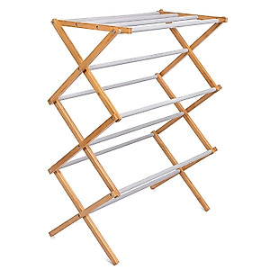 BIRDROCK HOME Wooden Clothes Drying Rack | 3-Tier Foldable Bamboo Laundry Stand | Water-Resistant, Fully Assembled, Collapsible Indoor/Outdoor Dryer for Hanging Clothes | Grey