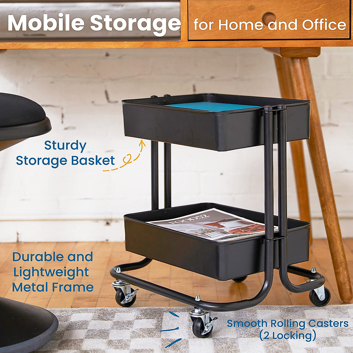 ECR4Kids 2-Tier Rolling Utility Cart, Multipurpose Storage, Black