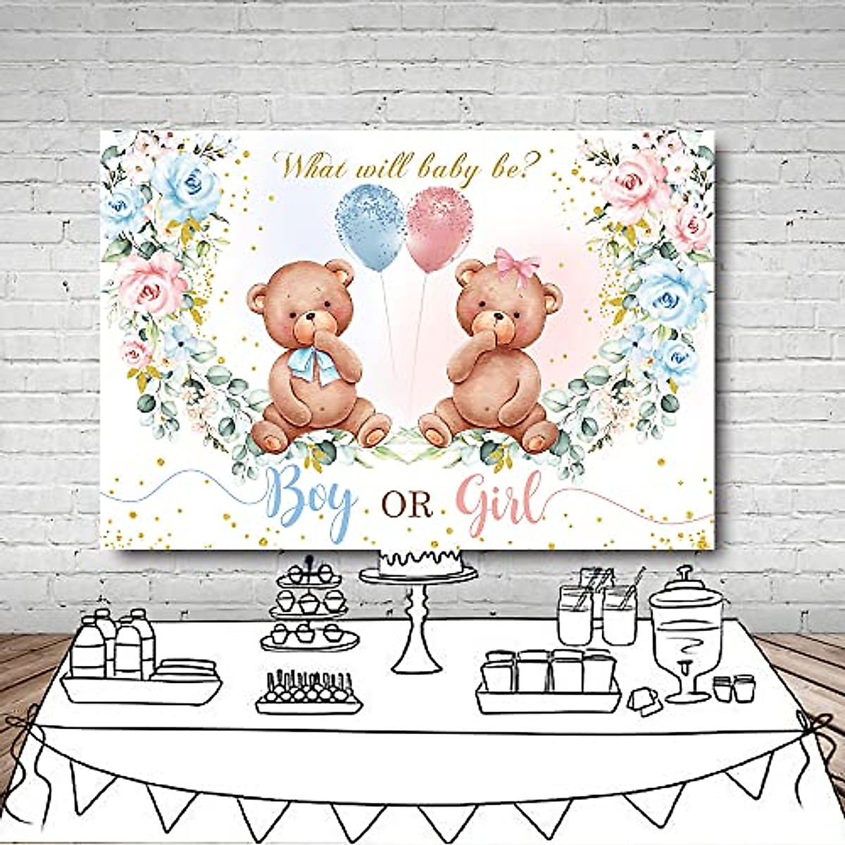 MEHOFOND 7x5ft Bear Gender Reveal Baby Shower Party Backdrop Boy or Girl Blush Pink Blue Floral Photography Background Party Decor Blue and Pink Balloons Gold Confetti Photobooth