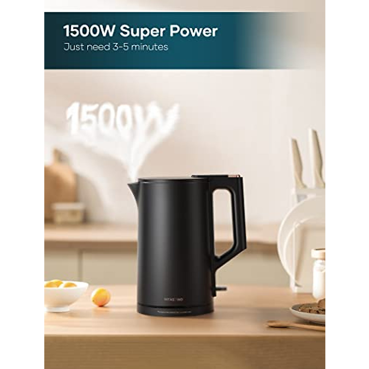 Electric Tea Kettle, INTASTING Double Wall Electric Kettle with Seamless Stainless Steel Inner, 1500W Fast Heating, 1.5L Hot Water Boiler, Auto Shut-Off & Boil Dry Protection, BPA-Free, LED Indicator (Matte Black)