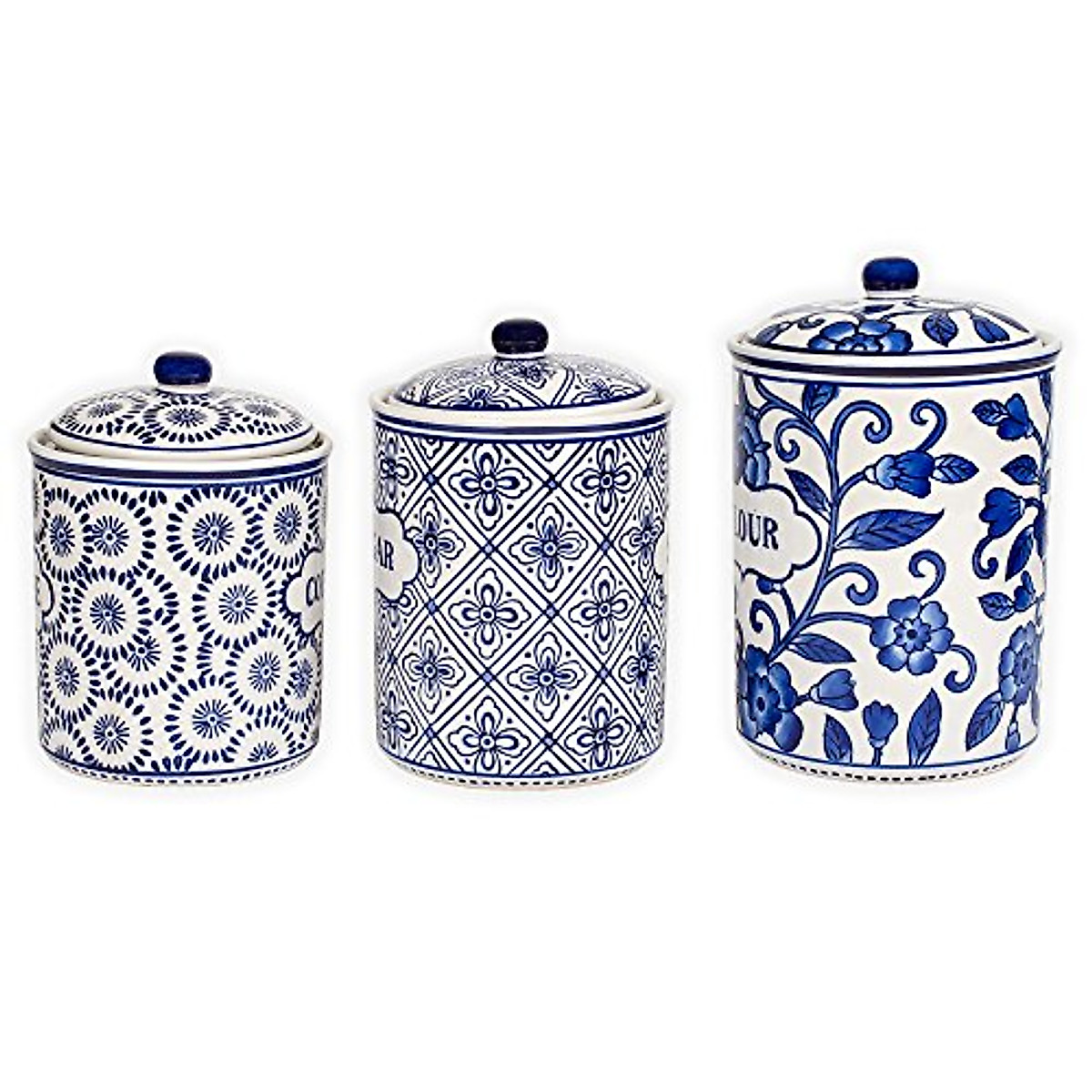 Drew Derose Blue White Patterned Ceramic 3 Pc Canister Set
