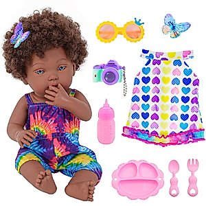 dollbie 14 Inch Reborn Baby Dolls Black African American Baby Doll with Hair Doll & Accessories (1 Doll+2 Sets Clothes+7 Pcs Accessories)