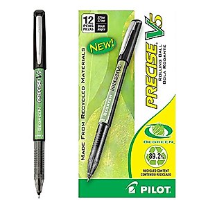 PILOT Precise V5 BeGreen Liquid Ink Rolling Ball Stick Pens, Extra Fine Point (0.5mm) Black Ink, 12-Pack (26300)