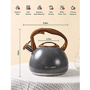 Tea Kettle, 2.7 Quart BELANKO Teapot for Stovetops Wood Pattern Handle with Loud Whistle Food Grade Stainless Steel Tea Pot Water Kettle - Gray