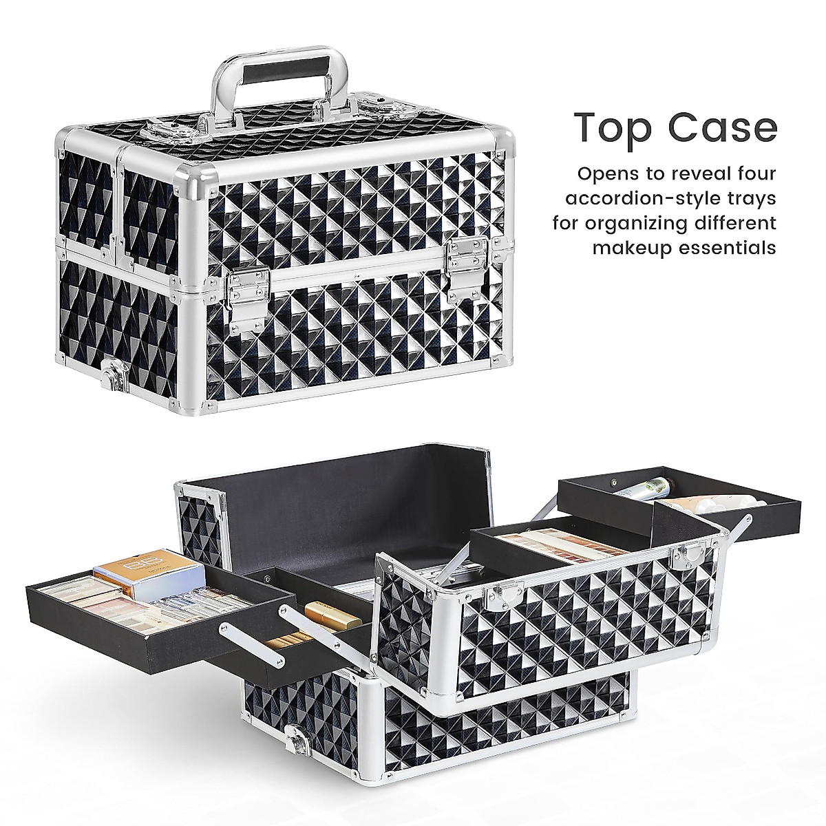 Yaheetech Professional Makeup Train Case 4 in 1 Cosmetic Trolley Nail Tech Travel Case Rolling Makeup Organizer Salon Barber Case with Wheels Hairstylist