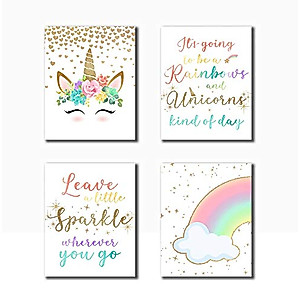 Rainbow Unicorn Theme Art Prints (8”X10” Canvas Picture)One Group of 4 Art Paintings Girls Room Decor Unicorn Wall Decor Kids Room Decor For Girls Posters For Posters For Teen Girls Room Frameless