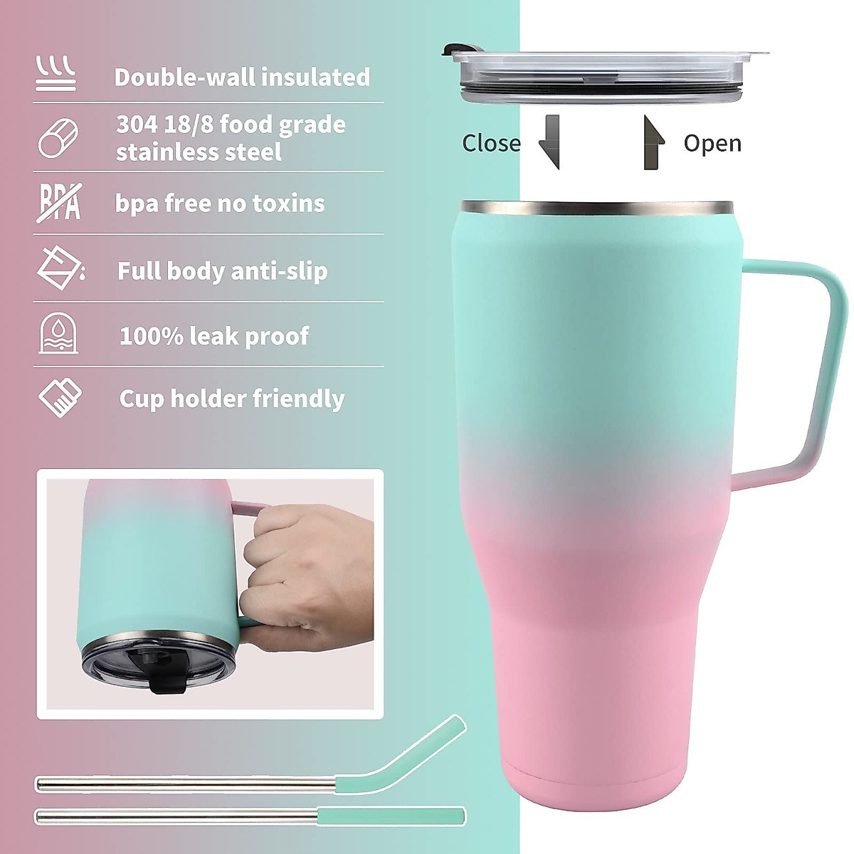 MUCHENGHY 40 oz Tumbler with Handle and Straw Lid, Leak Proof Double Vacuum Stainless Steel Tumblers Insulated Travel Coffee Mug with Lids Green Pink