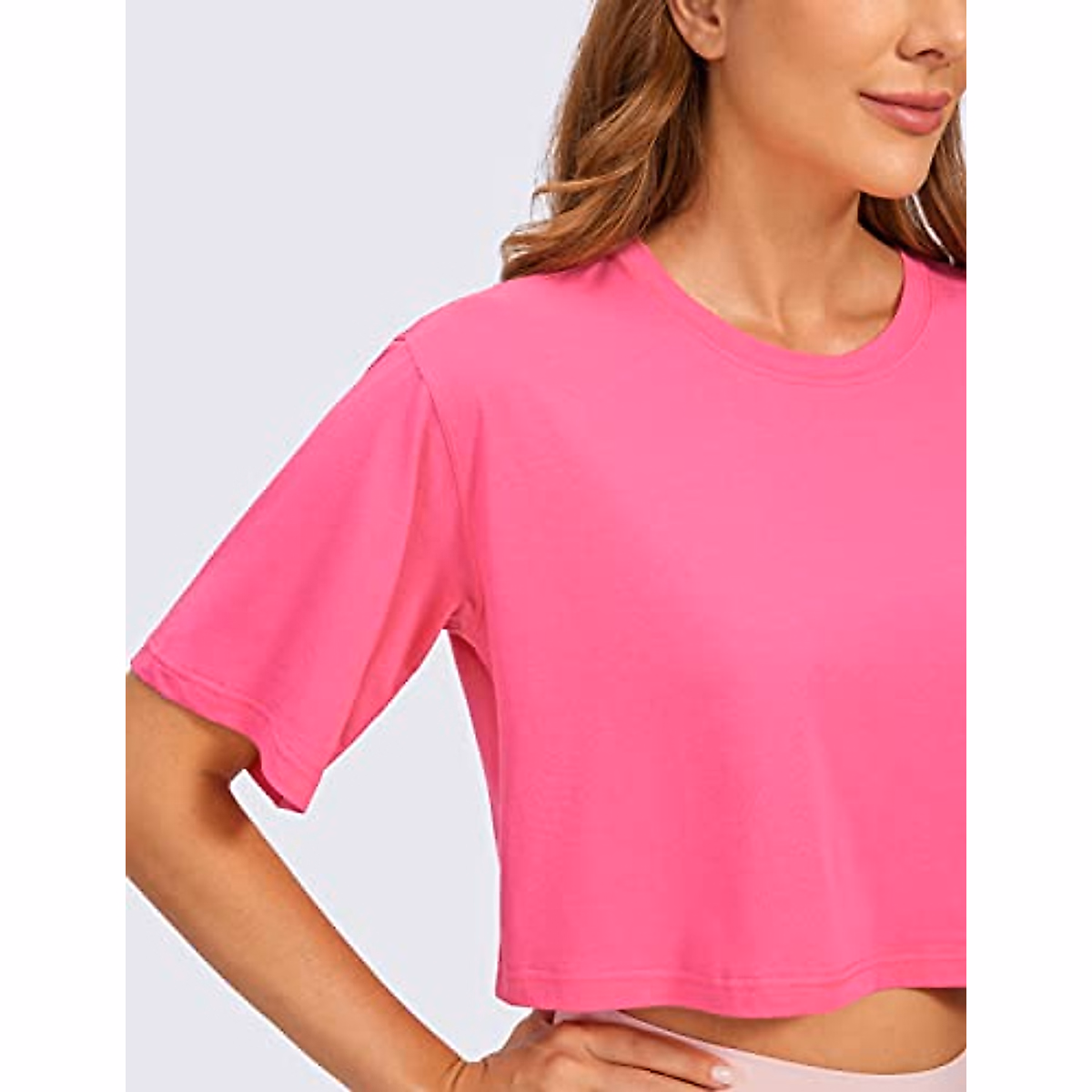 CRZ YOGA Women's Pima Cotton Workout Crop Tops Short Sleeve Yoga Shirts Casual Athletic Running T-Shirts Sonic Pink Medium