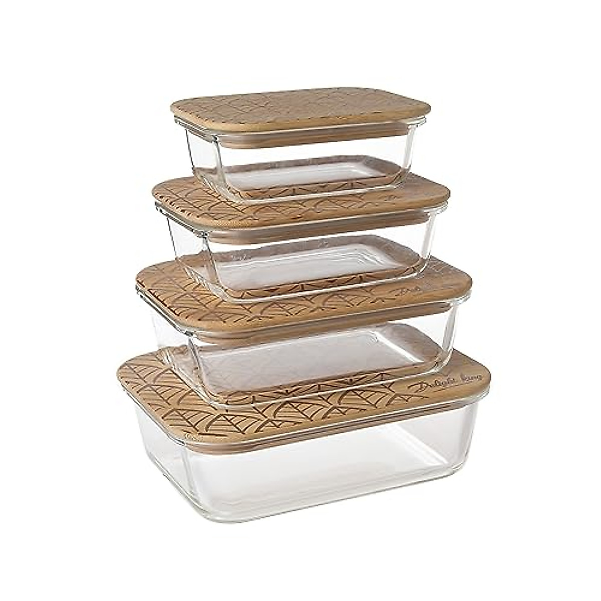 Delight King Glass Containers with Bamboo Lids, Set of 4 Glass Food Storage Containers with Wooden Lids, Non Toxic, Non Plastic, Fridge and Microwave Safe, Eco Friendly, Leaf Printed Wood Lid Design