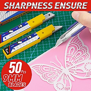 DIYSLEF 48 Pack Box Cutters Retractable Heavy Duty and 50 Pcs 9MM Wide Blades of 30 Degrees, Razor Knife with Smooth Mechanism, 9mm Wide Box Cutter Knife Used for Cutting Paper, Plastic and Boxes