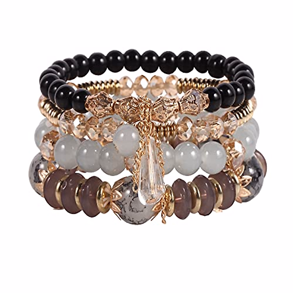 Solosoya Bohemian Stackable Bracelets Set for Women Multipack Multilayer Girls Elastic Rope Boho Colorful Stack Beads Bright Beaded Bracelets with Clear Vertebral Pendant Handmade Ladies Stretch Jewelry Accessories 6 Pack