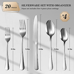 20-Piece Silverware Set with Organizer，Heavy Duty Stainless Steel Flatware Cutlery Tableware Set for 4，Includes 5-Compartment Silverware Tray with Cutlery Icons，First Apartment Kitchen Essentials