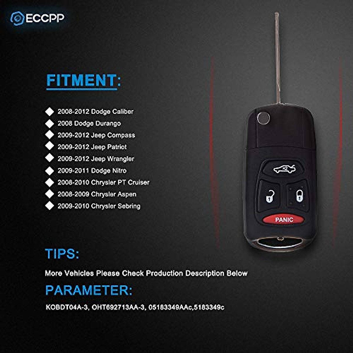 ECCPP Replacement fit for 4 Buttons Uncut Keyless Entry Remote Control Car Key Fob Shell Case 08-12 Cruiser for Jeep for Patriot for Dodge for Caliber Series 5183349c (Pack of 1)