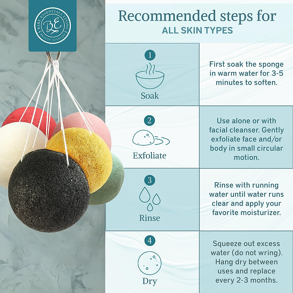 Bare Essentials Living - Konjac Sponges Set (12 Pack) with Activated Bamboo Charcoal Facial Sponge, Natural Sponge, Great for Facial Sponges, Bath Sponge, Beauty Sponge, and Exfoliating Body Sponge
