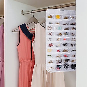 Bloss Hanging Jewelry Organizer, Double Sided 80 Pocket Jewelry Chain Storage Bag 2 Layer of Fabric Jewelry Organizer Holder for Necklace Bracelet Earring Ring Chain Knitting Tool-Black (White)