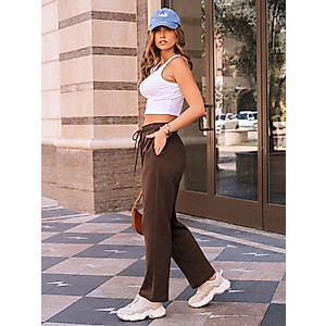 AUTOMET Women's Wide Leg Sweatpants Fleece Lined Baggy Straight Leg Lounge Pants Fall Outfits Athletic Joggers with Pockets Brown L