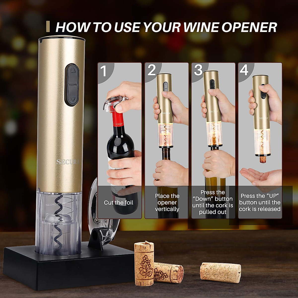 Secura Electric Wine Opener, Automatic Electric Wine Bottle Corkscrew Opener with Foil Cutter, Rechargeable (Champagne Gold)