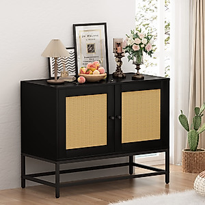 AWQM Buffet Cabinet with Storage, Set of 2, Rattan Buffet Cabinet with 2 Doors, Adjustable Shelves and Sturdy Metal Frame, Modern Accent Sideboard Cabinet for Kitchen, Dining Room, Living Room - Black
