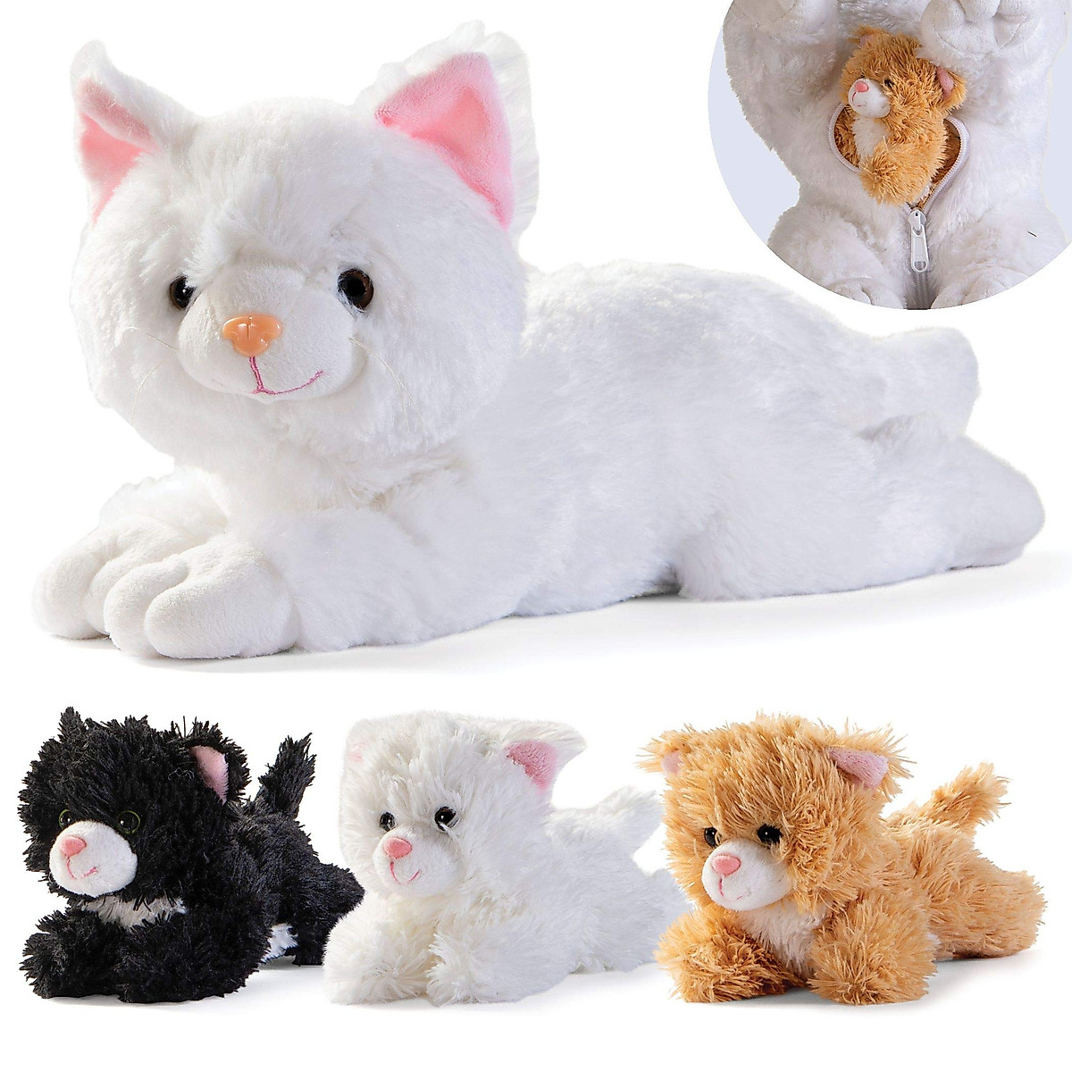 PREXTEX Plush Cat Toys Stuffed Animal with 3 Cats Baby Stuffed Animals - Big Cat Zippers 3 Little Plush Baby Kittens - Cat Stuffed Animal with Babies - Gift for Cat Lovers, Cat Stuffed Animals
