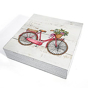 Bicycle and Flowers Spring Wood Box Sign Home Decor Rustic Spring Wooden Box Sign Block Plaque for Wall Tabletop Desk Home Decoration