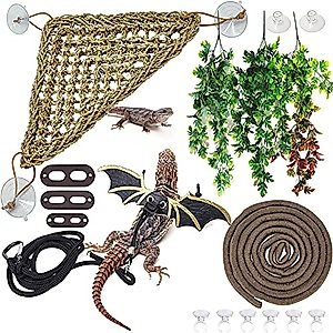 Hamiledyi Bearded Dragon Tank Accessories Lizard Hammock Adjustable Leash Bat Wings Reptile Plants Hanging Fake Vines Tank Habitat Decor for Climbing Chameleon Lizards Gecko Snakes