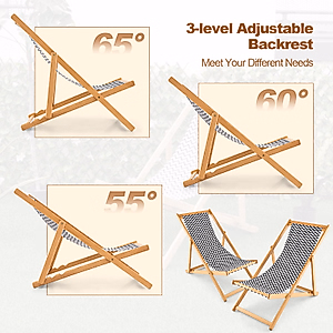 Giantex Patio Folding Camping Chair - Outdoor Sling Chair with 3 Adjustable Position, Breathable Canvas, Bamboo Lounge Chair for Outside, Porch, Deck, Poolside and Backyard, Portable Beach Chair (2)