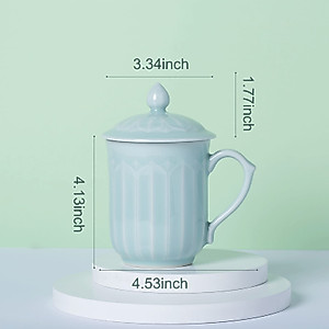 Tingyework Porcelain Lotus Tea Cup with Lid and Handle, 12 oz Unique Coffee Mug, Microwave Dishwasher Safe, Gifts for Women and Men, Aesthetic Chinese Celadon 1 Pack (Ivory Blue)