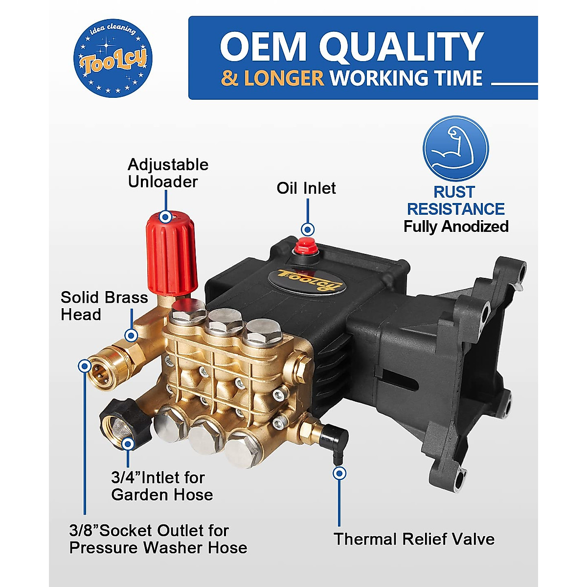 TOOLCY Pressure Washer Pump Max 4000 PSI 4.2 GPM, 1" Shaft Horizontal Gas Power Washer Pump Replacement, Direct Drive Triplex Plunger Replacement Pump with Pressure Adjustment Unloader, 5 Nozzle Tips