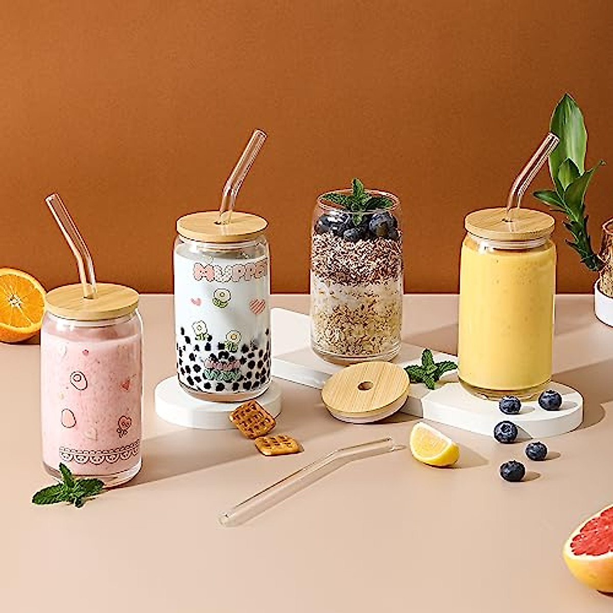 [ 12pcs Set ] Glass Cups with Bamboo Lids and Glass Straw - Beer Can Shaped Drinking Glasses, 16 oz Iced Coffee Glasses, Cute Tumbler Cup for Smoothie, Boba Tea, Whiskey, Water - 4 Cleaning Brushes