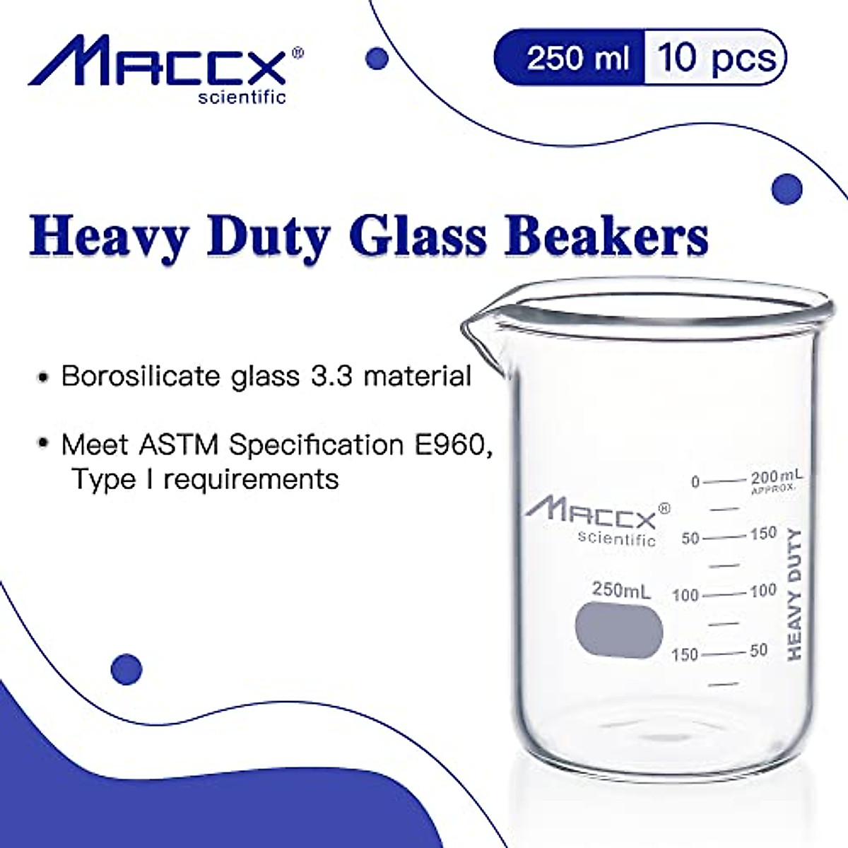 Maccx 8.5oz(250ml) Sturdy Glass Beaker, Heavy-Duty Lab Beaker Set, 3.3 Borosilicate Griffin Low Form with Printed Graduation, Pack of 6, BKL250-006