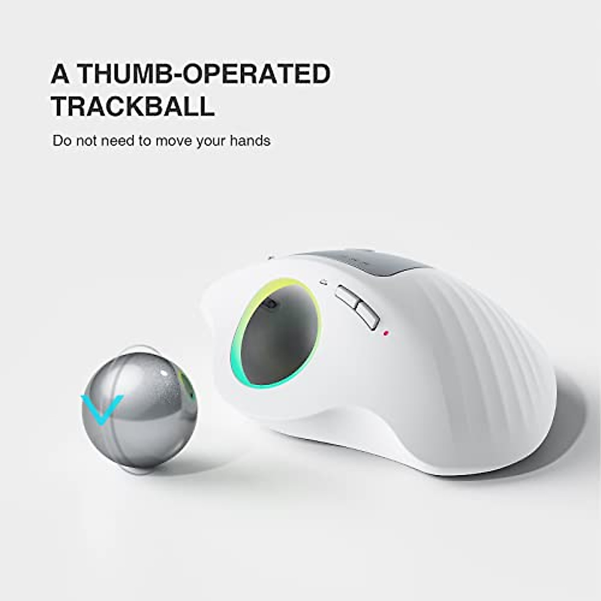 ProtoArc Wireless Bluetooth Trackball Mouse, EM01 2.4G RGB Ergonomic Rechargeable Rollerball Mice, 3 Device Connection&Thumb Control, Compatible for PC, iPad, Mac, Windows-White Silver