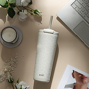 Zak Designs Beacon Straw Tumbler for Travel or At Home, 24oz Stainless Steel with Vacuum Insulated and Non-Skid Base (Linen Leopard)