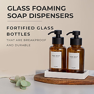 MaisoNovo 14 Oz Amber Glass Foaming Soap Dispenser 2 Pack w/Concrete Tray | Foaming Hand Soap Dispenser Bathroom Countertop, Foam Soap Dispenser Pump, Foaming Glass Soap Dispenser