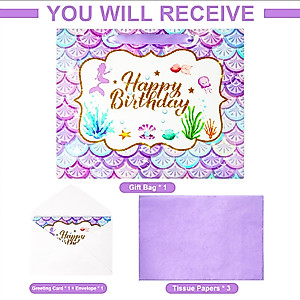 12.6" Mermaid Happy Birthday Gift Bag Set with Greeting Card and Tissue Papers for Girls, Women