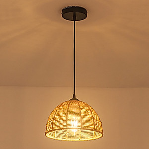 Gudicati Hand Woven Rattan Pendant Light Fixture Vintage Farmhouse 9.84" Bamboo Dome Pendant Lights Modern Retro Boho Wicker Basket Pendant Lighting for Kitchen Island, Bedroom, Dining Room, 2-Pack