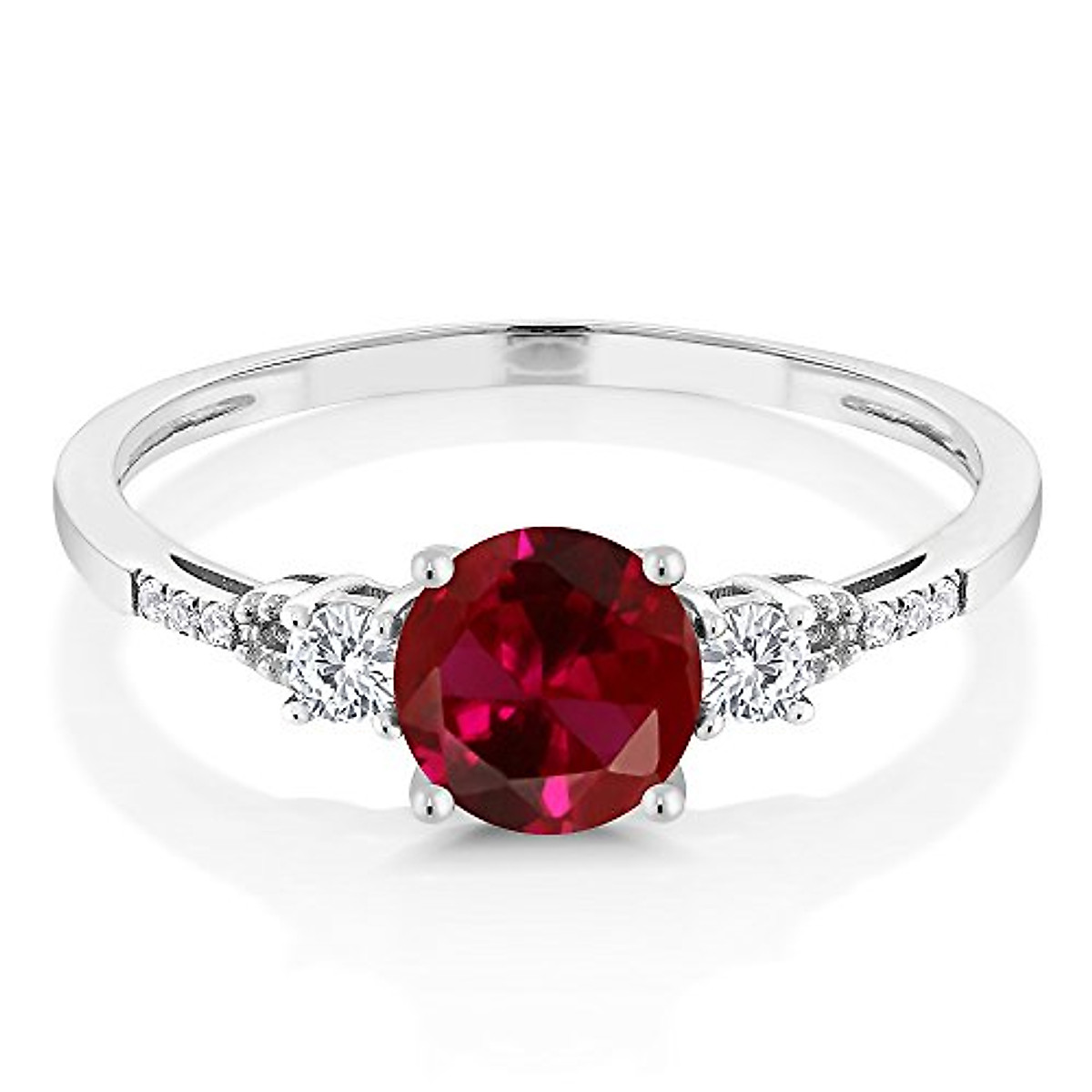 Gem Stone King 10K White Gold 6MM Round Gemstone Birthstone White Created Sapphire & White Diamond Accent 3-Stone Engagement Ring | Three-Stone Wedding Anniversary Promise Ring For Women