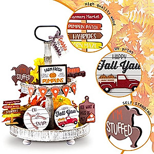 Fairysandy Fall Tiered Tray Decor Set Autumn Pumpkin Farmhouse Wood Table Sign Rustic Party Tiered Tray Decorations for Home Thanksgiving Kitchen Bathroom Table Shelf Centerpiece