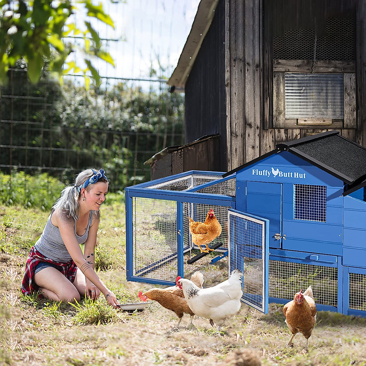 MIXXIDEA Large Chicken Coop Wooden Chicken Runs for Yard with Cover Portable Nesting Boxes Chicken Multi-Level Hen House, Poultry Cage, Chicken Swing Coop 65” Chicken Pen – Blue