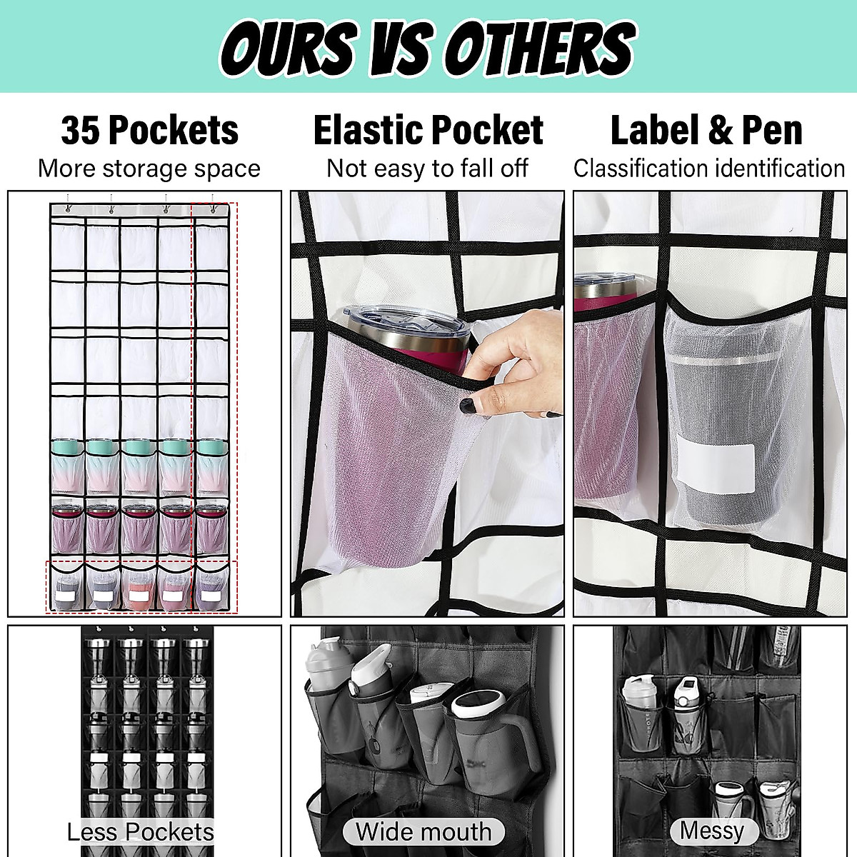 GliCraft 35 Pockets Over the Door Water Bottle Organizer Hanging Water Bottle Organizer with Elastic Strap Mesh Bag and Pen Water Bottle Holder for Door Closet Pantry Storage Rack(White)