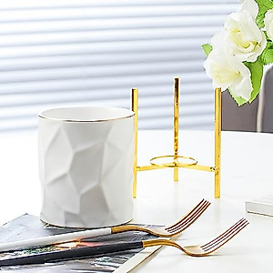 YOSCO Kitchen Utensil Holder,Ceramic Silverware Holder,Flatware Organizers with Golden Metal Frame for Home, Kitchen,Restaurant,Countertop (White)
