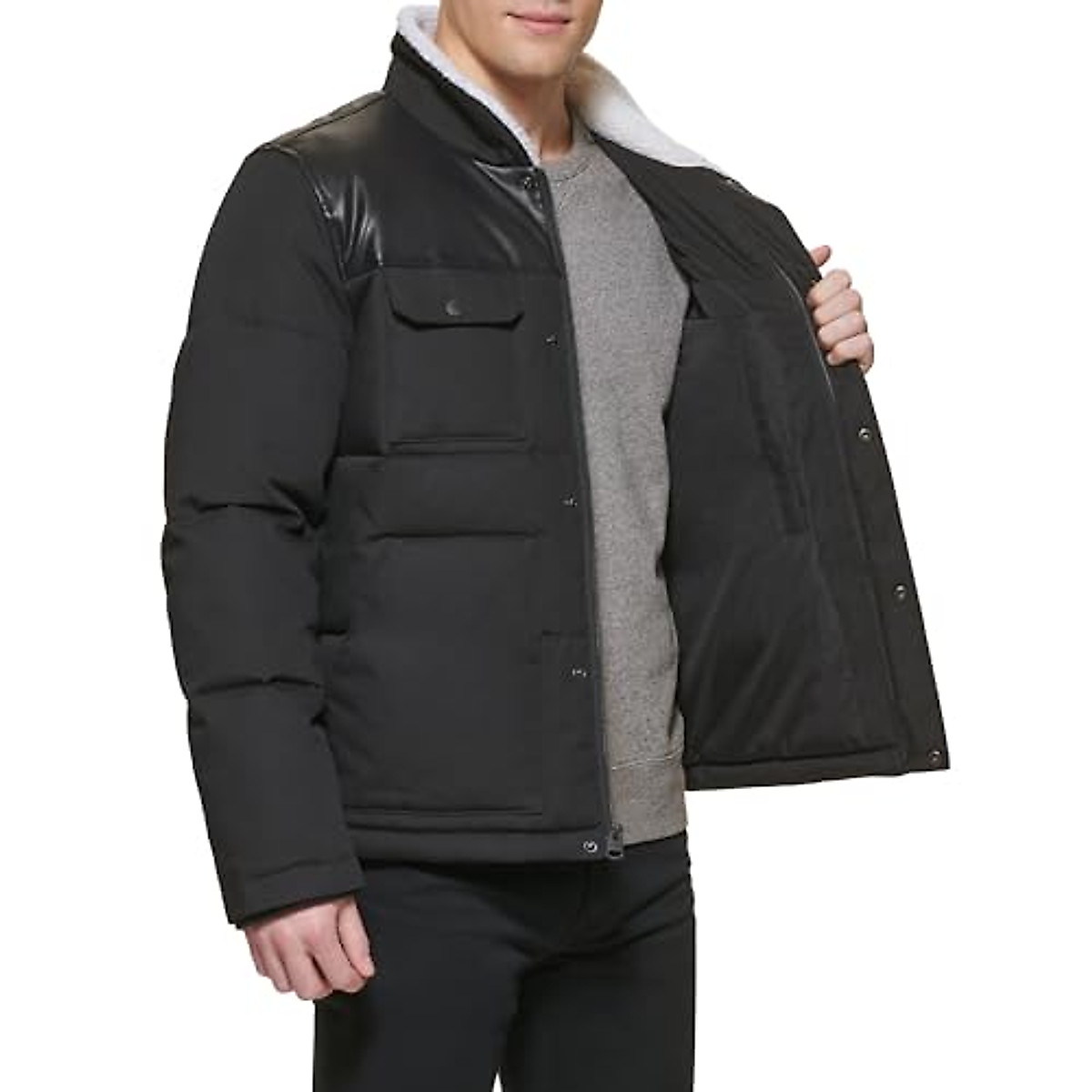 Levi's Men's Mixed Media Quilted Puffer Jacket with Sherpa Lined Collar (Regular and Big & Tall Sizes), Black/Faux Leather, X-Large