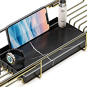 BAWOUA Bathtub Caddy Tray for Luxury Baths, Over Bathtub Racks with Marble(Black), Strong Expandable Chrome Polished Stainless Steel Brackets for Bath (Gold)