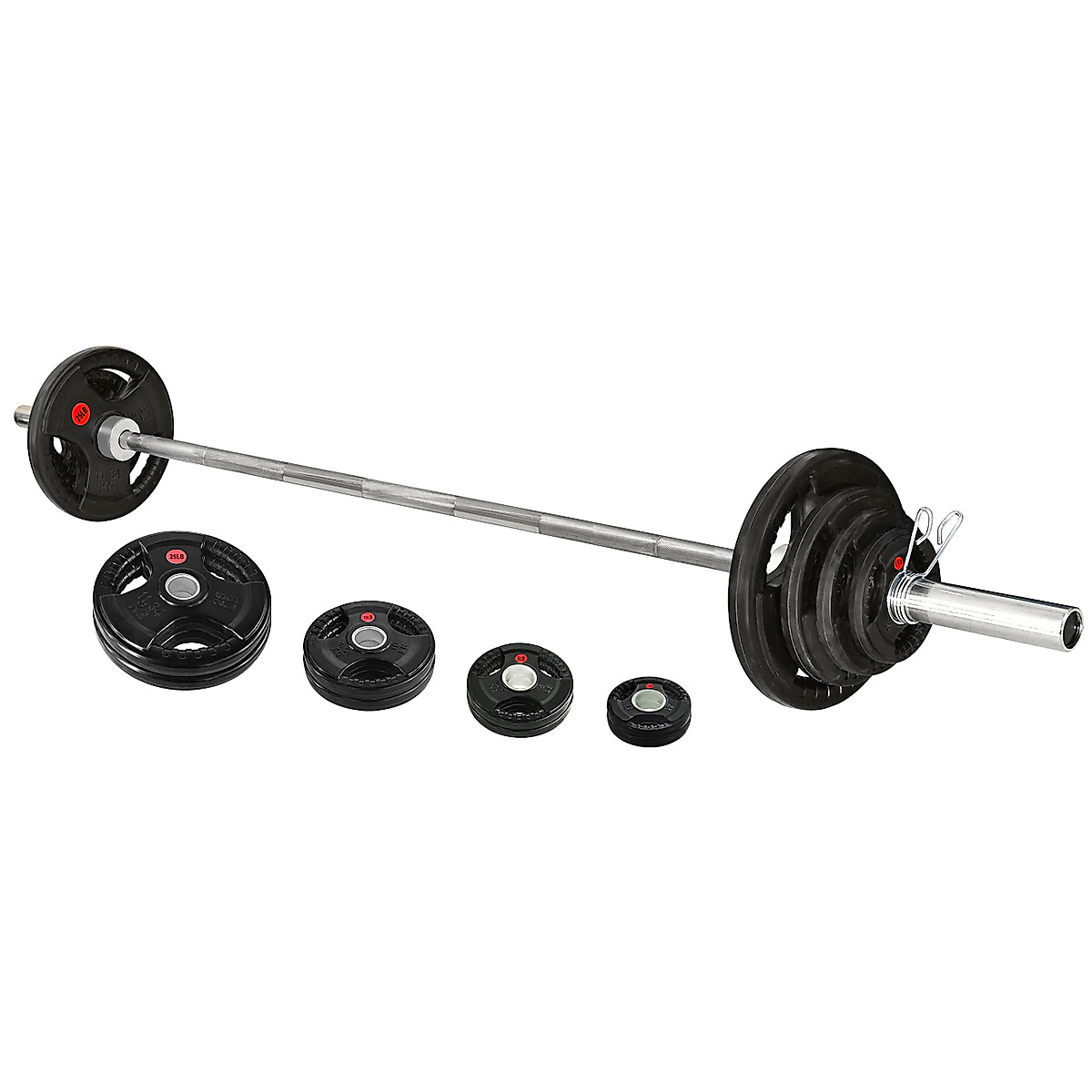Signature Fitness Cast Iron Olympic 2-Inch Weight Plates Including 7FT Olympic Barbell, 130-Pound Set (85 Pounds Plates + 45 Pounds Barbell), Multiple Packages, Rubber Coated Style