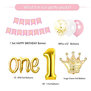 PYCALOW First Birthday Decorations Girl - 1st Birthday Baby Girl Decorations Include Balloons Box, Backdrop, Crown, Banner, High Chair Banner, Topper, Baby First One Year Old Girl Party Supplies